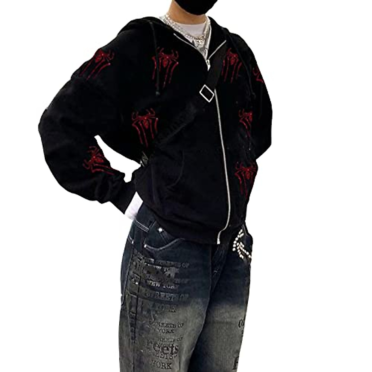 Kaipiclos Skeleton Hoodie Men Women Full Zip Up Hoodie Over Face Oversized Graphic Rhinestone Skull Streetwear Jacket (Black Red Spider, S)