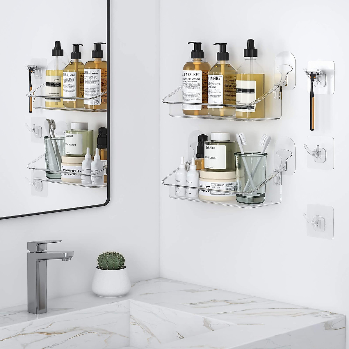 UDD Clear Shower Caddy with Razor Holder Hook, Wall Floating Shelves Shower Organizer Storage Adhesive Shower Rack for Bathroom (2 Pack, Small)