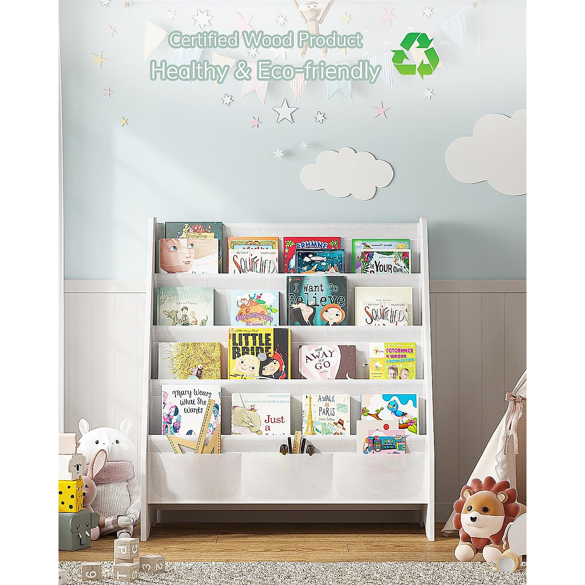 SEIRIONE Sturdy Kids Bookshelf, Book Shelf for Kids Room with Tear-Proof Oxford Sling, Eco-Safe Toddler Bookshelf, Childrens Bookshelf with Ideal Height for Quick Book Access, White/Wood Texture