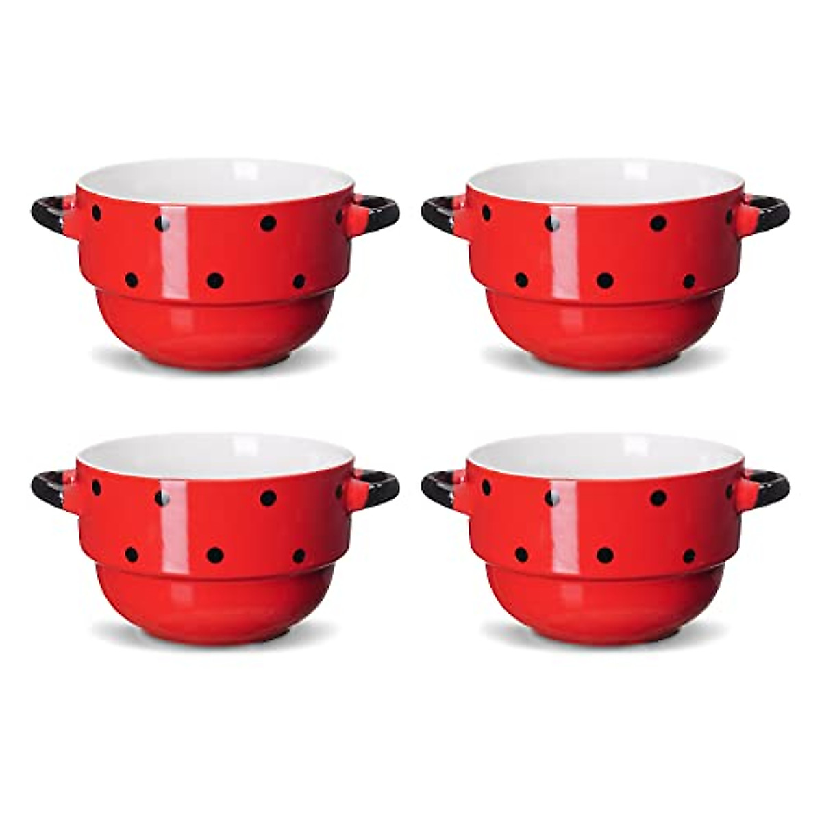 ECODECO Soup Bowls with Handles - Ceramic - Polka Dot Red - 16 Ounce - Set of 4 - French Onion Soup Crocks for Oven Baking