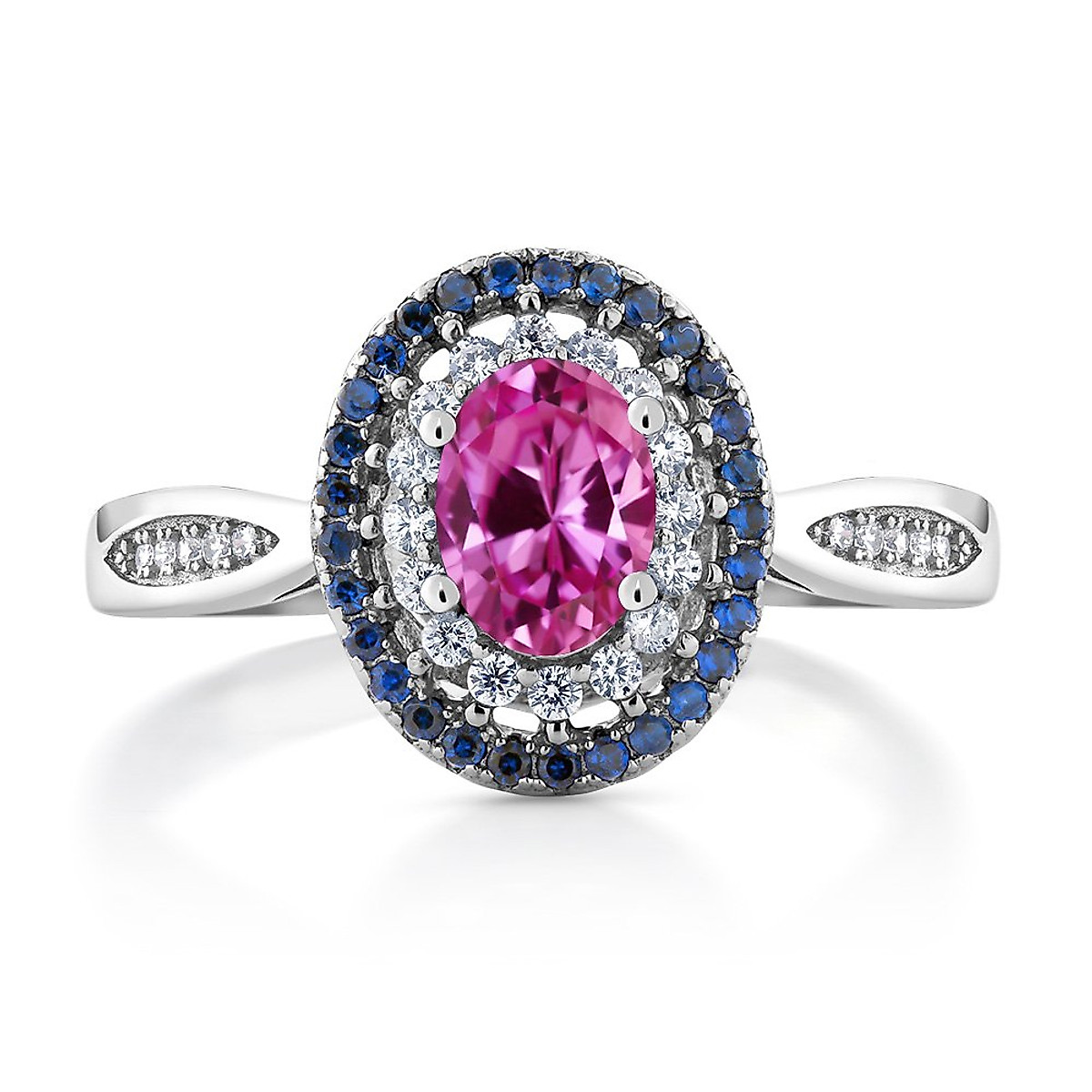 Gem Stone King 925 Sterling Silver 7X5MM Oval Gemstone Birthstone Double Halo Wedding Engagement Anniversary Promise Ring For Women | Available In Size 5, 6, 7, 8, 9