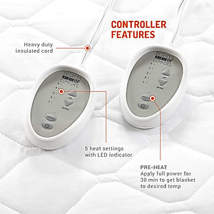 Degrees of Comfort Dual Control Heated Mattress Pad Queen Size | Zone Heating Electric Bed Warmer W/Auto Shut Off | Fit Up to 15 Inch | 12.5ft Long Cord - 60x80 Inch, White