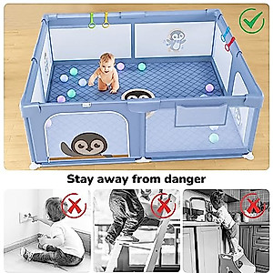 Baby Playpen for Babies and Toddlers, 71 x 59 inch Playpen with Mat, Unique Little Penguin Character Design, Soft Breathable Mesh Baby Play Yard for Indoor & Outdoor Family Time (Blue with Mat)