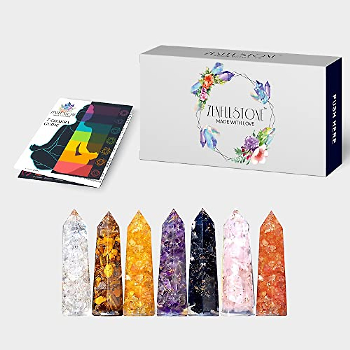 Orgone Healing Point Wands Set of 7 Includes 3.5” Amethyst Crystal, Rose Quartz, Black Tourmaline, Tigers Eye, Citrine, Carnelian, and Clear Quartz-big crystals for Spiritual Meditation and Protection