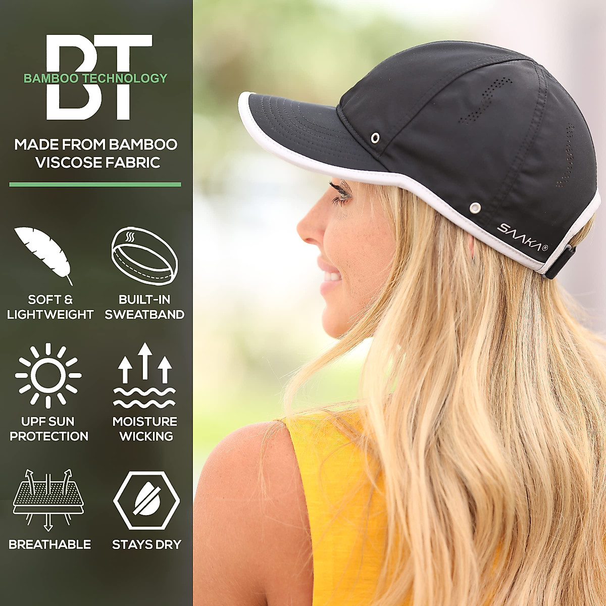 SAAKA Performance Sports Hat. Lightweight, Quick Drying. Running, Tennis & Golf Cap for Women (Black, Small)