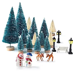 KUUQA Mini Christmas Trees Bottle Brush Trees with Snowmen Reindeer, 31Pcs Christmas Village Sets Village Accessories Ornaments for Christmas Decorations Indoor Village Display Platforms Winter Decor