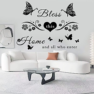 Vinyl Wall Stickers Quotes Wall Art Decal Sticker Bless This Home and All Who Enter Wall Decals Flowers Butterfly Wall Decor Sticker for Entryway Living Room Home Decor.