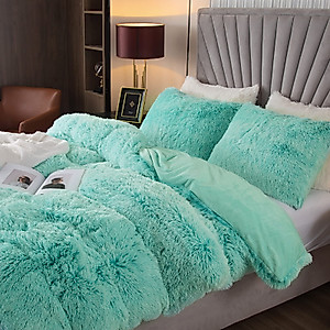 EMME Plush Shaggy Duvet Cover Set Twin Size Fluffy Fuzzy Comforter Cover Set for Twin Bed 2 Pieces Luxury Soft Bedding Duvet Covers (Aqua, Twin)