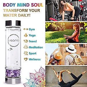 OSANA Crystal Water Bottle with 3 Changeable Healing Crystals – Amethyst, Rose Quartz, Green Fluorite – Loose Leaf Tea Bottle – Gem Elixir Infused Glass Water Bottle - 16.9 oz