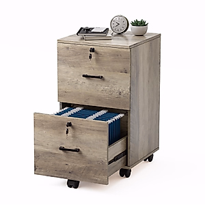 VINGLI 2 Drawer File Cabinet with Lock, Wood Rustic Gray File Cabinet for Letter Size File Folders with Tabs, Under Desk Rolling File Cabinets for Home Office, Mobile Filing Cabinet Printer Stand