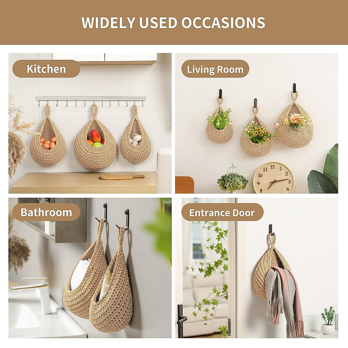 INJORAN Boho Wall Hanging Fruit Baskets for Kitchen 3 Pack Woven Produce Holder with 6 Pcs Strong Hooks Vegetable Hanging Basket for Organizing Teardrop Home Wall Potato Onion Storage, Linen