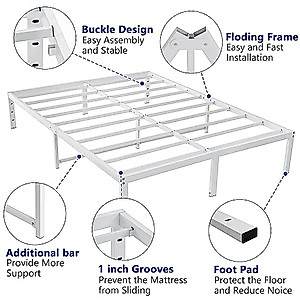 LUSIMO 14 Inch Full Bed Frame with Storage Heavy Duty Tall Metal Platform Bed Frame with Steel Slats No Box Spring Needed Noise Free Anti Slip White