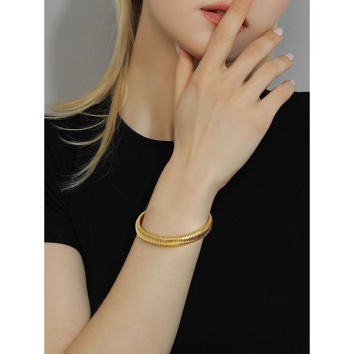 KeyStyle Gold Bangles for Women Thin Stretch Bracelets, High Polished Snake Link Flexible Bangle Bracelet (10mm wide)