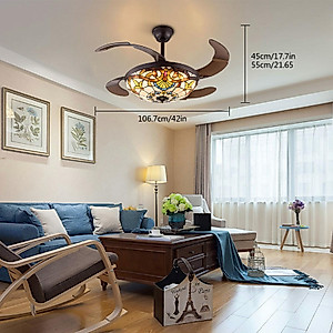 Sindipanda 42" Tiffany Ceiling Fan,Retractable Blade LED Chandelier Fan,Vintage Stained Glass Chandelier w/Remote,for Dining Room Bedroom Living Room