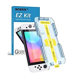 MOBDIK Tempered Glass Screen Protector for Nintendo Switch OLED Model 2021 EZ Kit, Automatic Alignment, 2 Pack