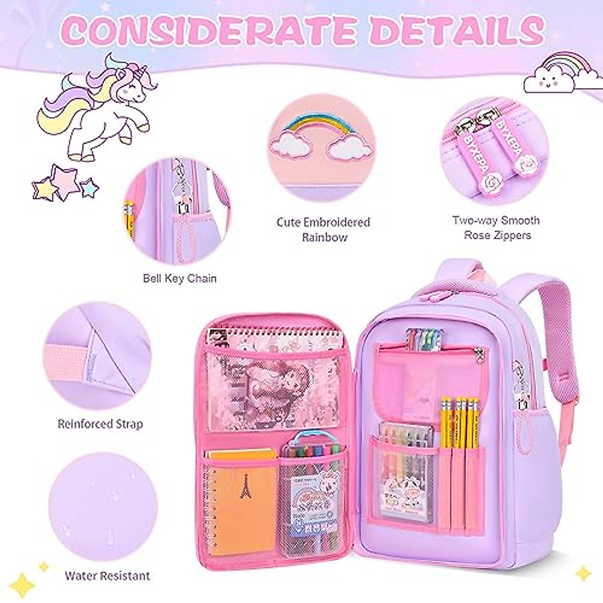 Backpacks for Girls School Kids Backpack Bookbags with Insulated Lunch Box Set for School Elementary Girl, Tie Dye School Bag with Compartments 16 * 11.5 * 7.5, Solid Purple