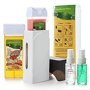 Roll on Waxing Kit for Hair Removal, Roll Waxing Kit for Women Men, Wax Heater with 2 Wax Roller Cartridge Refill for Legs Arms and Underarm(Wax Heater 1, Wax Paper 100, Pre&After Wax Oil)