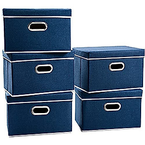 PRANDOM Foldable Storage Bin with Lid [5-Pack] Linen Fabric Decorative Storage Box Organizer Container Basket Cube with Handles Divider for Closet Office Living Room Royal Blue(14.9x9.8x9.8)