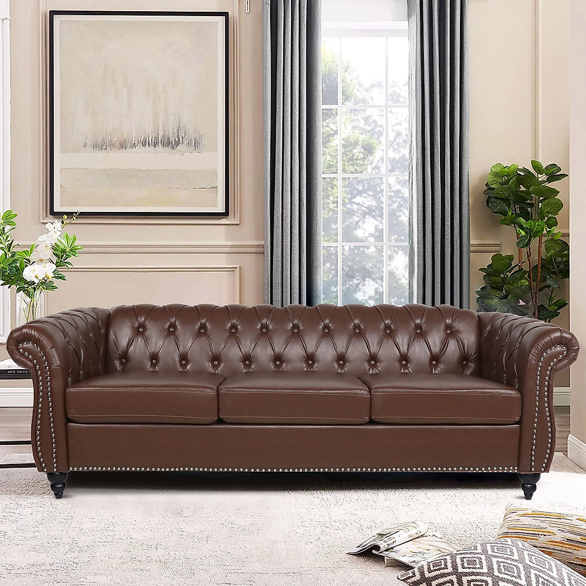 LEVNARY Chesterfield Sofa, Classic Tufted Upholstered Leather Couch, Modern 3 Seater Couch Furniture with Tufted Back for Living Room Office (Dark Brown)