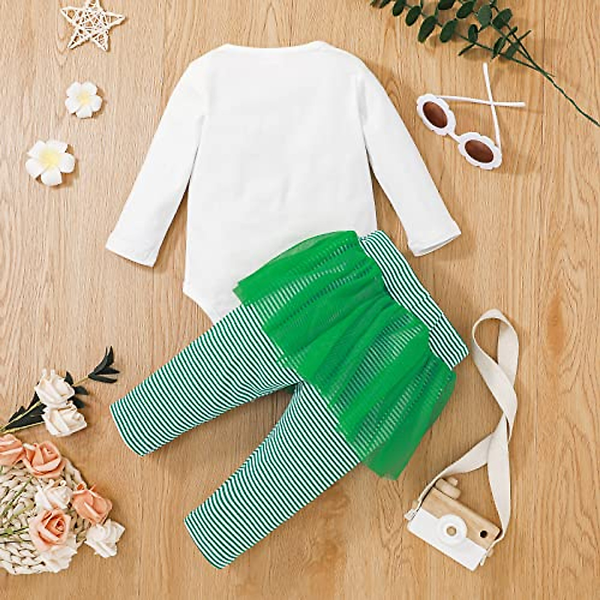 1st St. Patrick's Day Outfit Newborn Infant Baby Girl Long Sleeve Lucky Clover Romper Bodysuit Green Tutu Pants Set (Green A, 9-12 Months)