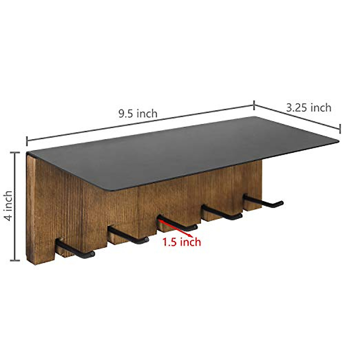 MyGift Entryway Shelf Rack with 5 Key Hooks, Wall-Mounted Burnt Solid Wood and Matte Black Decorative Shelf