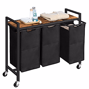 HOOBRO Laundry Sorter 3 Section, Laundry Hamper with Wheels, 3 × 11.5 Gal (43.4L), Rolling Laundry Basket, Pull-Out and Removable Oxford Fabric Laundry Bags, Rustic Brown and Black BF76XY01