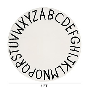 HEBE 4ft Round Kids ABC Rug Alphabet Nursery Rug for Bedroom Playroom Non Slip Educational Playmat Round Circle Carpet for Classroom Infant Toddlers,Milk White