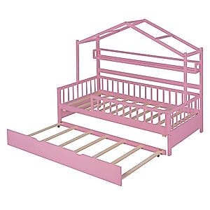 Harper & Bright Designs Wooden Twin Size House Bed with Trundle,Kids Bed with Shelf, White (Twin, Pink+Trundle1)