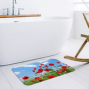 Door Mat Red Flowers Memory Foam Cushioned Kitchen Rug, 16x24 Inch Water Absorbent Soft Touch Standing Mat for Bathroom, Office, Sink, Laundry, Home Green Leaves Blue Sky Landscape Texture