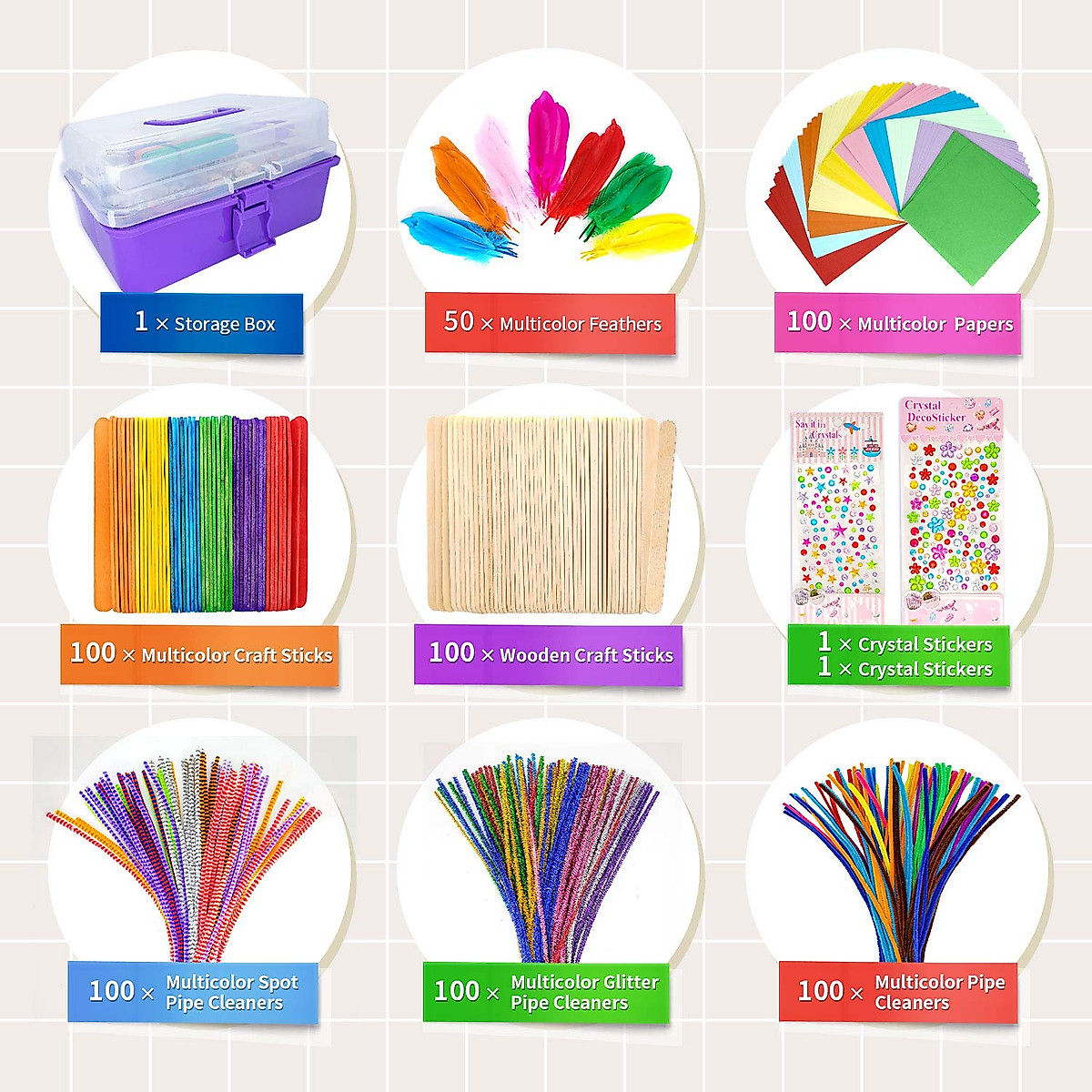 1405 Pcs Art and Craft Supplies for Kids, Toddler DIY Craft Art Supply Set Included Pipe Cleaners, Pom Poms, Feather, Folding Storage Box - All in One for Craft DIY Art Supplies (Purple)