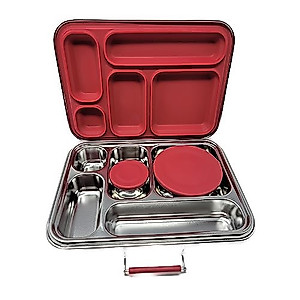 Flatbush Goods Leak Resistant Stainless Steel Bento Lunchbox with Silicone Seal, 2 Leak Proof Containers and 5 Compartments - Durable and Sustainable for Adults and Kids 5 and Older (Red)