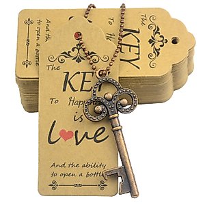 Aokbean 52pcs Key Bottle Opener Wedding Party Favors for Guests Gift with Keychian and Card,Skeleton Key Bottle Openers (Antique Copper)