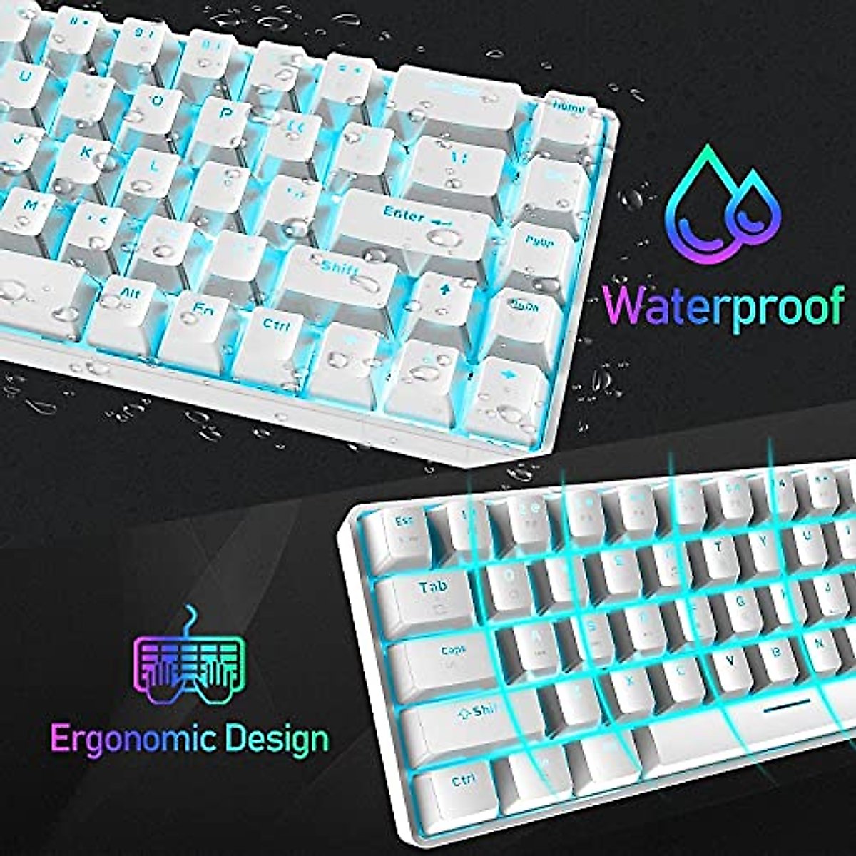 Keyboard and Mouse Gaming Set, 68 Keys Blue Switch 60% Mini Blue Backlit Mechanical Keyboard White, 6400DPI 7 Buttons Lightweight Programmable Mouse Green, USB Wired, Compatible with Windows Mac PS4