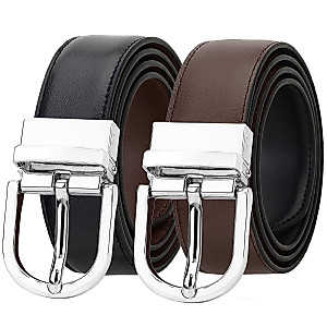 Falari Women Reversible Belt Genuine Leather Fashion Dress Belt With Single Prong Buckle 6027 (Black/Dark Brown, L (fit waist 26-38))