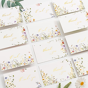 Crisky 4 Assorted Gold Foil Thank You Cards, Watercolor WildFlowers (50 Cards with Envelopes for Birthday, Baby Shower, Bridal Shower, Wedding, All Occasion)