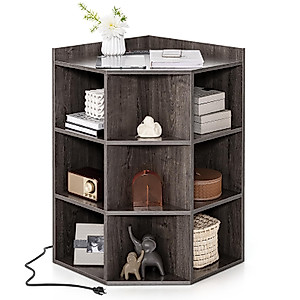 Byroce 9 Cube Corner Cabinet, 3-Tier Wooden Cube Storage Organizer Bookshelf with Charging Station, 2 USB Ports & 4 Outlets, 90 Degree Cubby Corner Shelf for Living Room, Bedroom & Playroom (Gray)