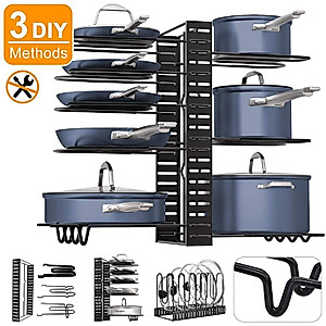 KLEVERISE 8 Tiers Pot Pan Organizer Rack Storage Under Cabinet – Thicken Wire with Anti-Slip Silicon Coating - Height Adjustable DIY Heavy Duty Space Saving Pot Pan Lid Holders
