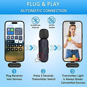 2 Pack Wireless Lavalier Microphone for iPhone iPad, Video Recording Mini Lapel Microphone, 2.4G Plug-Play Lav Mic, Noise Reduction Clip-on Microphones for YouTube, Interview, Vlog, Podcast