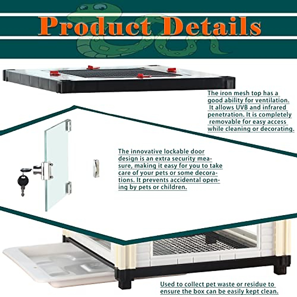 crapelles [Large Reptile Tank], Pet Cage Terrarium with Glass Window, Front Opening Door with Top Screen Ventilation, Reptile Terrarium Habitat for Reptiles Amphibian 15.7" x 15.7" x 15.7"(Knock-Down)