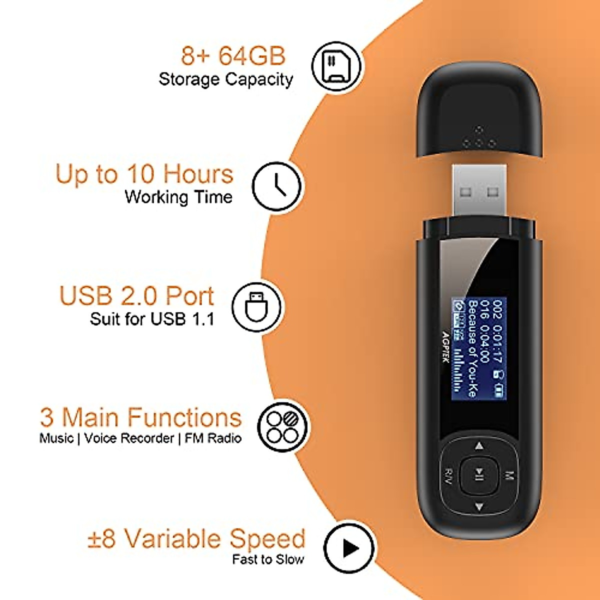 AGPTEK U3 USB Stick Mp3 Player, 8GB Music Player Supports Replaceable AAA Battery, Recording, FM Radio, Expandable Up to 64GB, Black