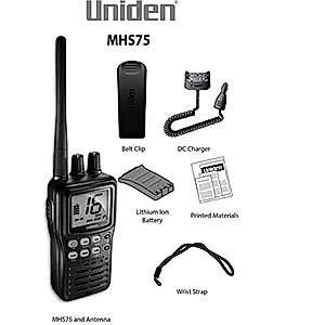 Uniden MHS75 Waterproof Handheld 2-Way VHF Marine radio, Submersible, Selectable 1/2.5/5 Watt Transmit Power. All USA/International and Canadian Marine Channels - Color Black