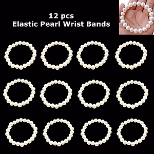 YOKOKE Elastic Pearl Wrist Bands Wristlets Corsage Accessories Bracelet for Wedding Prom Flowers (12Pcs White Pearl Wristbands)