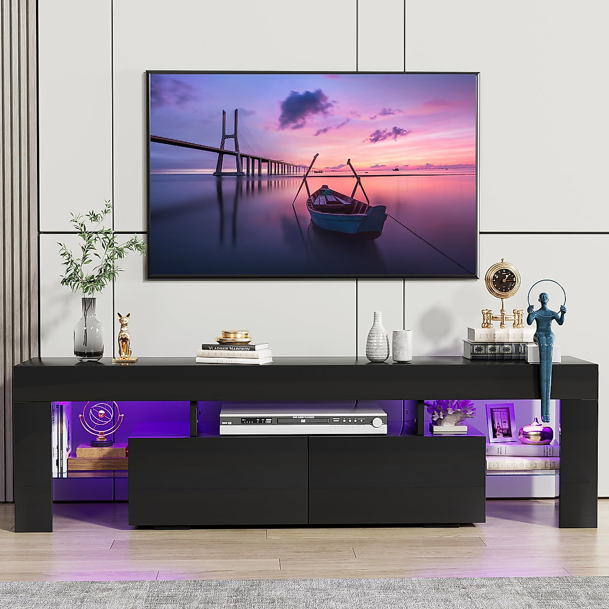 JUMMICO TV Stand, Modern Lighting TV Cabinet Entertainment Center Media and Open Shelf, TV Console Table with 1 Drawer and Remote Control, 20 Color LED Lights up to 70 Inch TV (Black)