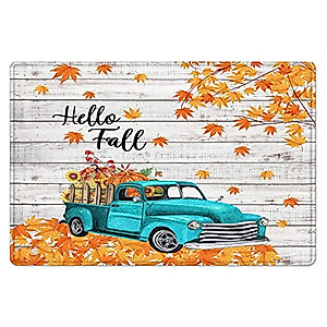Hello Fall Bath Mat for Bathroom, Autumn Yellow Sunflower and Orange Pumpkin on Rustic Vintage Blue Truck Bathroom Rug, Country Farmhouse Retro Wood Board Non Slip Absorbent Bathroom Mat, 24x16 Inch