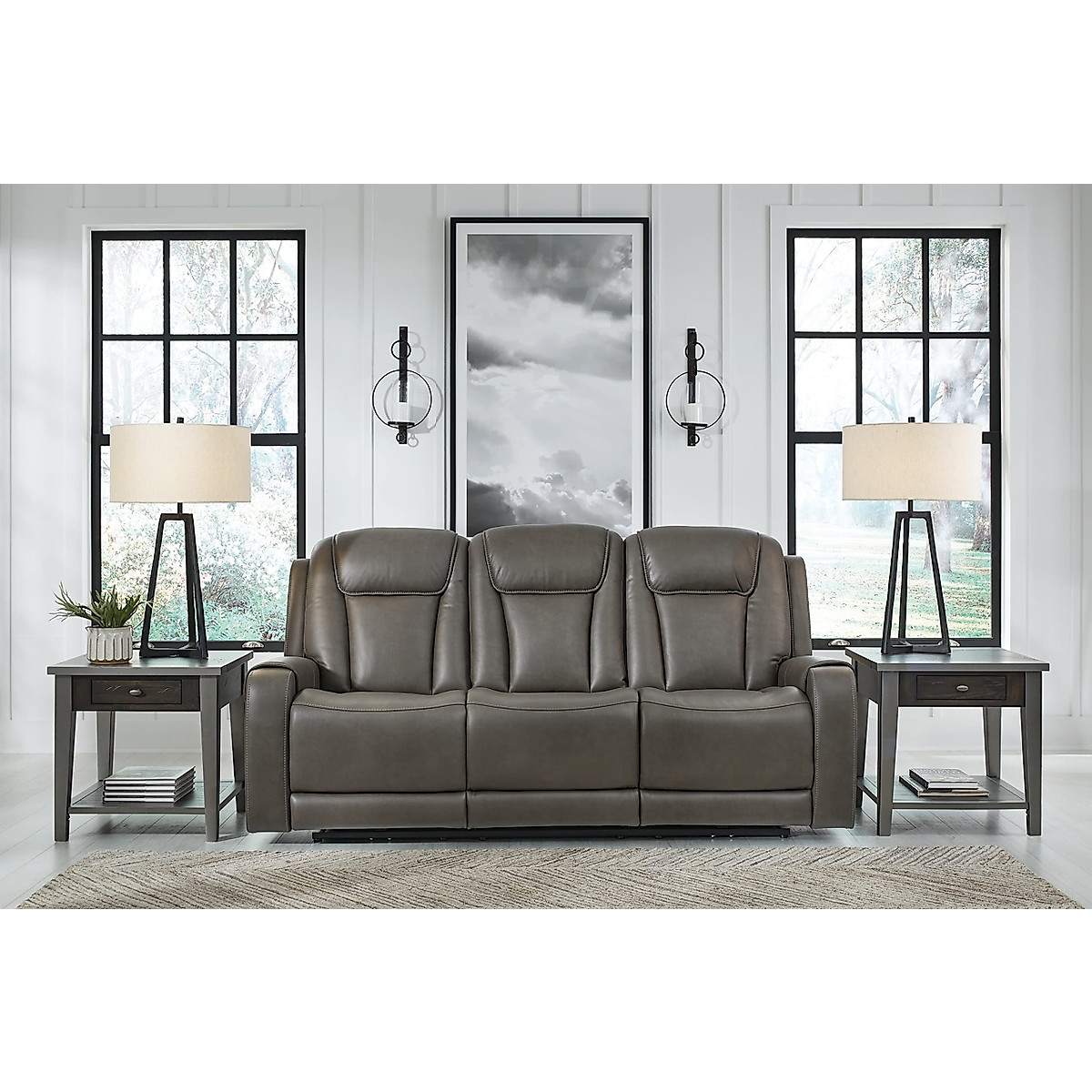 Signature Design by Ashley Card Player Contemporary Faux Leather Tufted Power Reclining Sofa with Adjustable Headrest, Gray