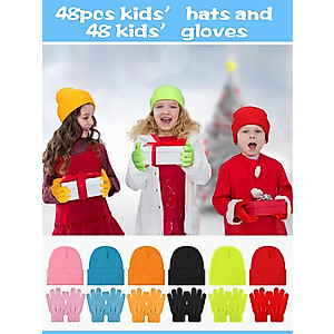 Retisee 96 Pcs Kids Winter Beanie and Gloves Set Knit Hat Bulk Warm Gloves Cap for Boys Girls Homeless Gift(Mixed Color)
