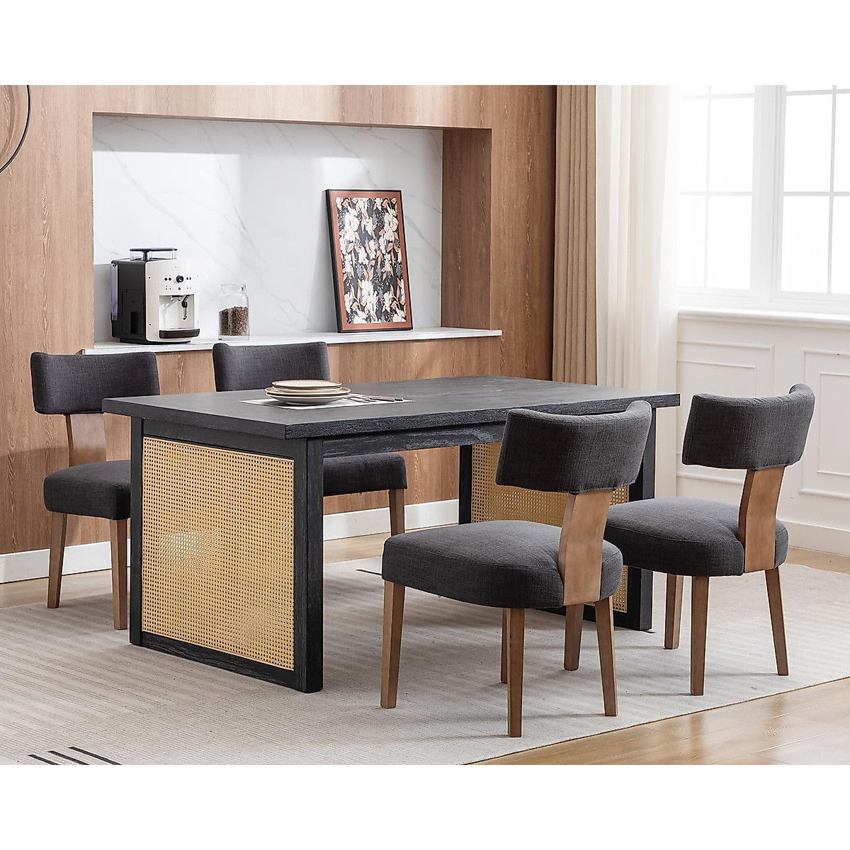 HNY, Hi&Yeah Mid Century Modern Dining Chairs, Linen Fabric Upholstered and Curved Backrest Kitchen Chairs Set of 2, with Hardwood Frame, Charcoal