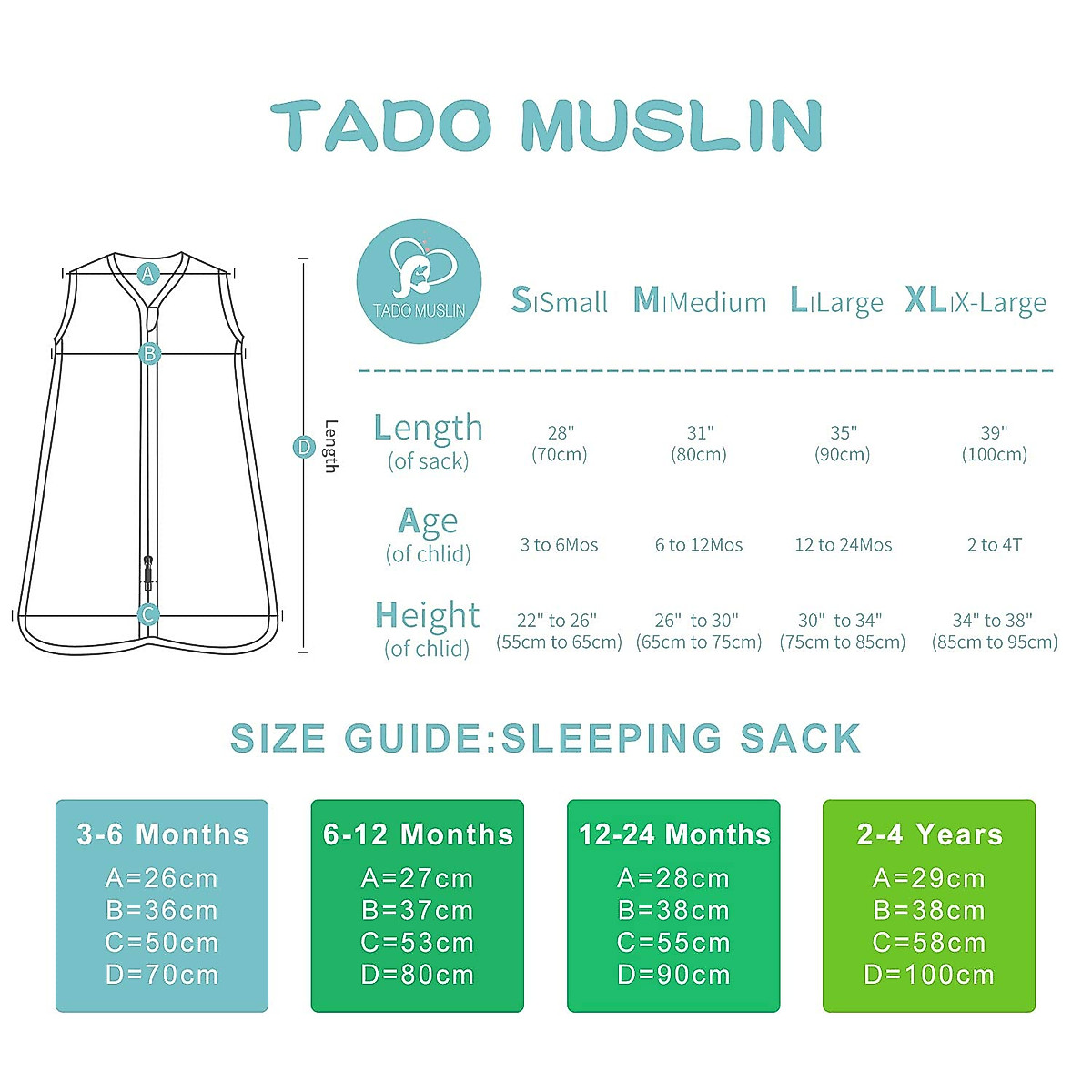 TADO MUSLIN Baby Sleep Sack 2-4 T Boys & Girls Wearable Blanket 100% Organic Cotton 0.5 TOG Toddler Sleeping Sack 2- Way Zipper X-Large