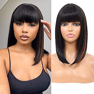 Kalyss Bob Short Synthetic Hair Wig for Black Women Heat Resistant With Hair Bangs (Black With Medium Auburn Brown Strips)
