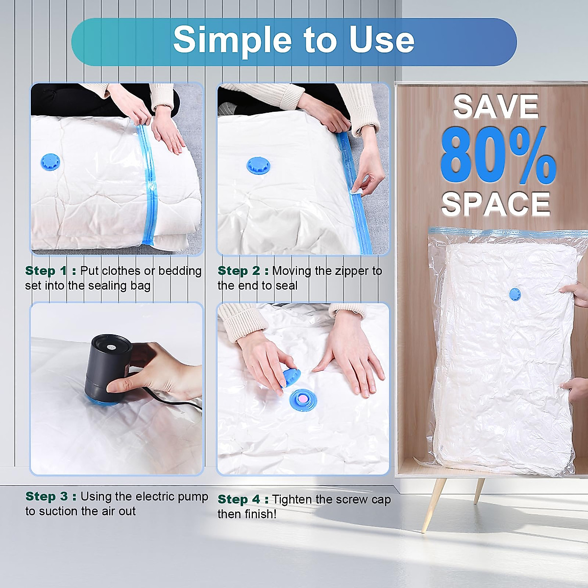 Vacuum Storage Bags with Electric Pump, 12 Combo (3J/3L/3M/3S) Space Saver Sealer Bags, Compression Bags for Comforters, Clothes, Blankets, Coverlet, Quilt, Pillows